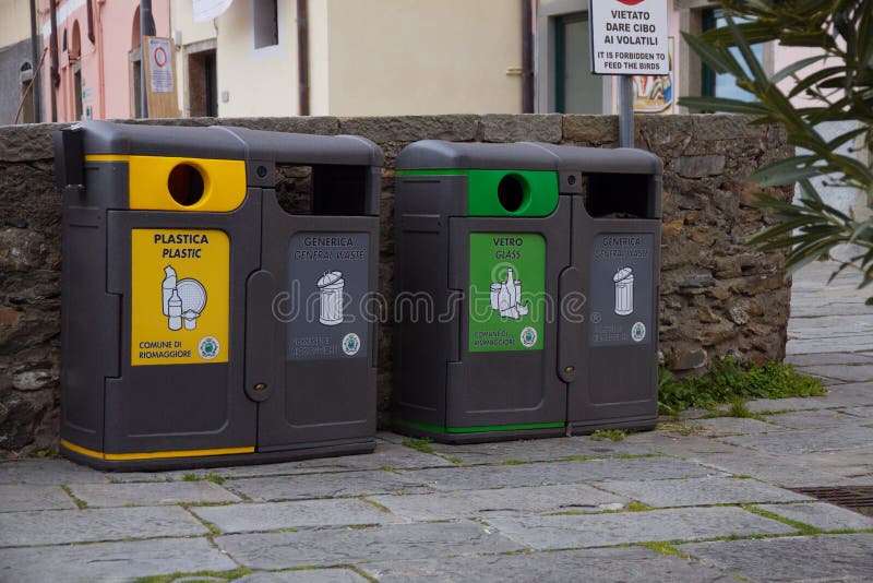 Riomaggiore, Italy, February 19, 2019: Garbage Containers with Separate ...