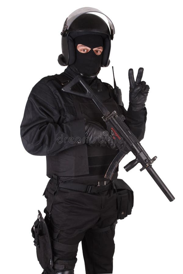 Riot Police Officer in Black Uniform Stock Image - Image of shooting ...
