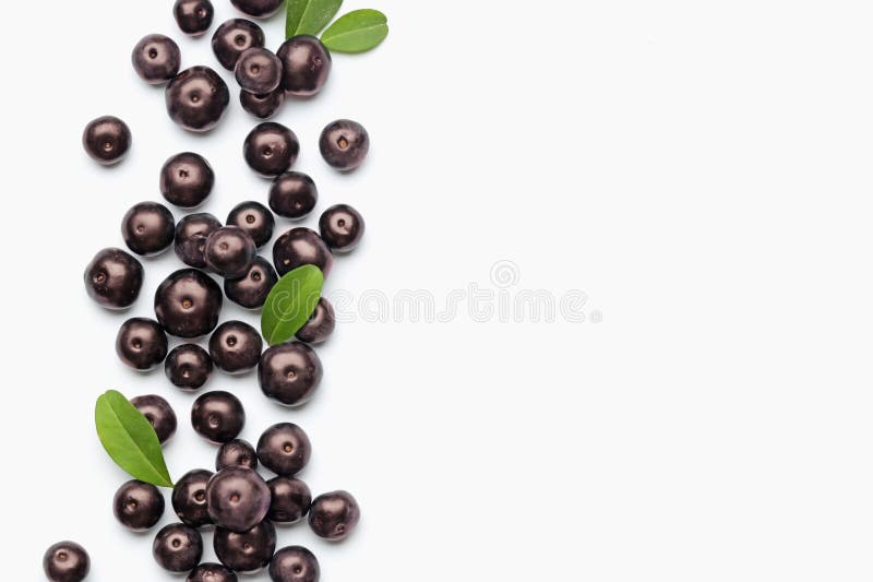 Ripe Acai Berries and Leaves on White Background, Flat Lay. Space for ...