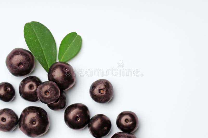 Ripe Acai Berries and Leaves on White Background, Flat Lay. Space for ...