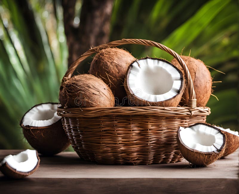 Ripe Appetizing Coconuts in an Overflowing Basket, AI Stock ...
