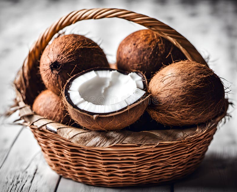 Ripe Appetizing Coconuts in an Overflowing Basket, AI Stock ...