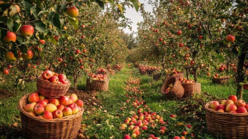 Ripe Apples in Baskets Under Apple Trees Stock Illustration ...