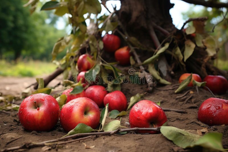 Ripe Apples Fallen on the Ground Around the Base of the Tree Stock ...
