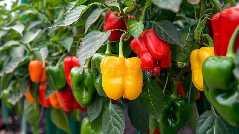 Ripe Bell Peppers Ready for Harvesting on Plant Stock Illustration ...