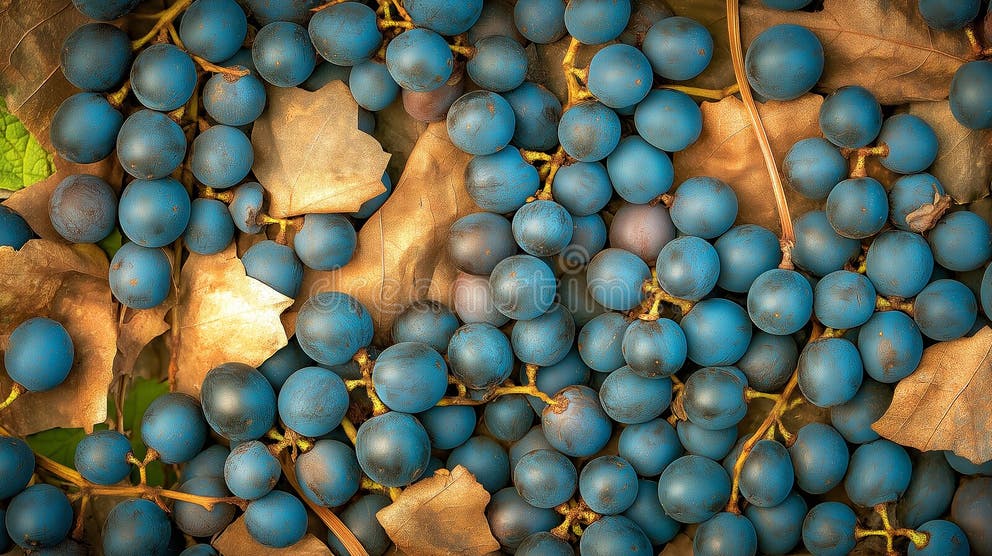 Close Up of Fresh Blue Grapes and Dry Leaves Creating Beautiful Rustic ...