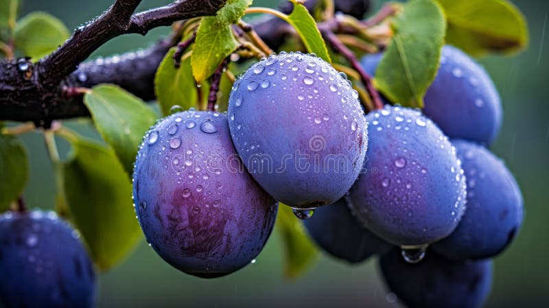 Ripe Blue Plums with Water Drops on Branch Stock Illustration ...
