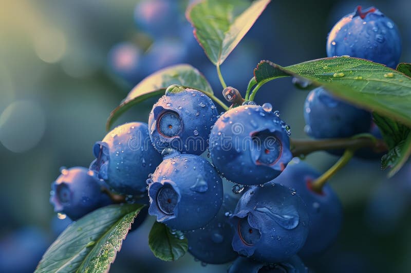 Ripe Blueberries Growing on Blueberry Bush with Water Drops Stock Image ...