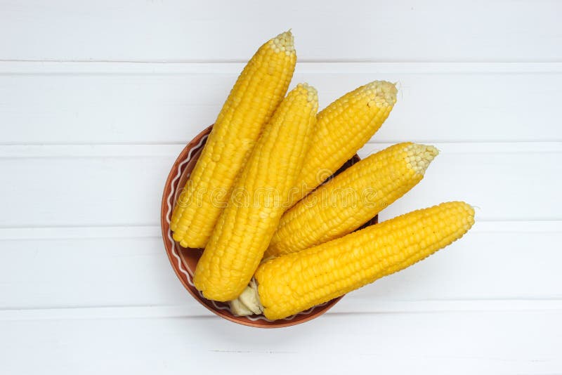 Ripe Boiled Corn on a White Wooden Table, Top View. Stock Image - Image ...
