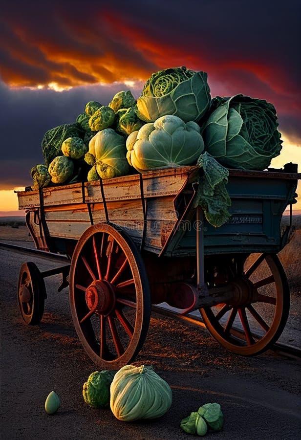 Ripe Cabbage Lies in a Cart, at Sunset. AI Generated Stock Illustration ...