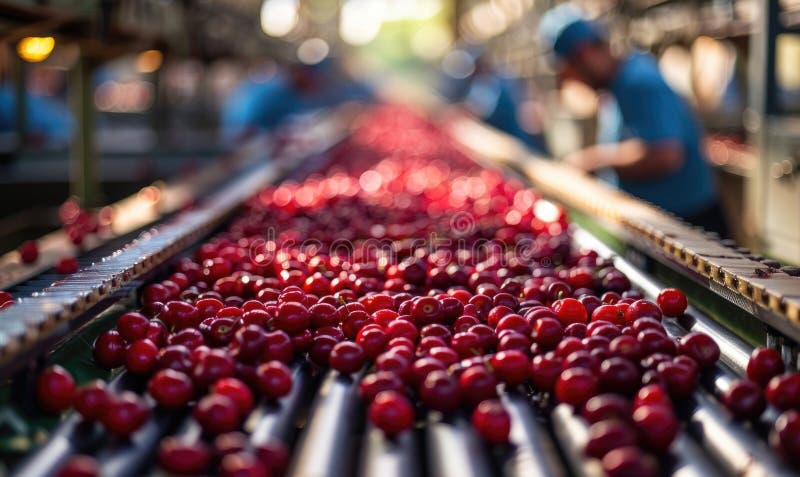 Ripe Cherries Being Sorted and Packaged in a Bustling Fruit Processing ...