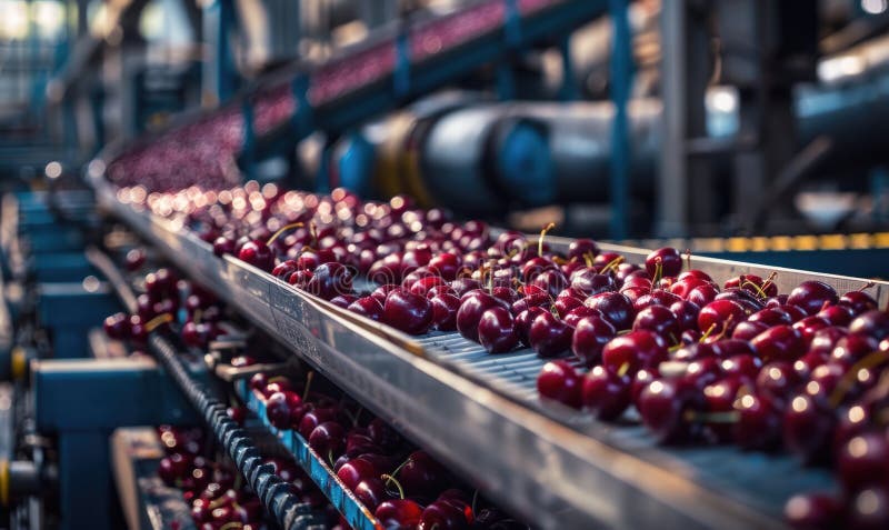 Ripe Cherries Being Sorted and Packaged in a Bustling Fruit Processing ...