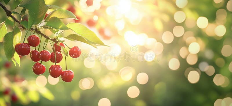 Ripe Cherries Hanging Branch Soft Sunlight Bokeh Background Stock Photos - Free & Royalty-Free ...
