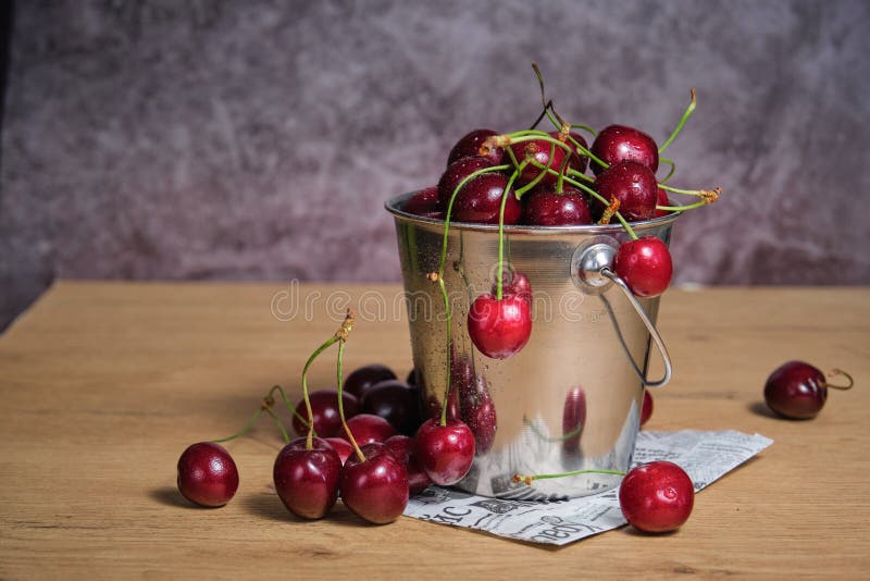 Ripe Cherries in a Small Metal Bucket Stock Image - Image of cherry ...