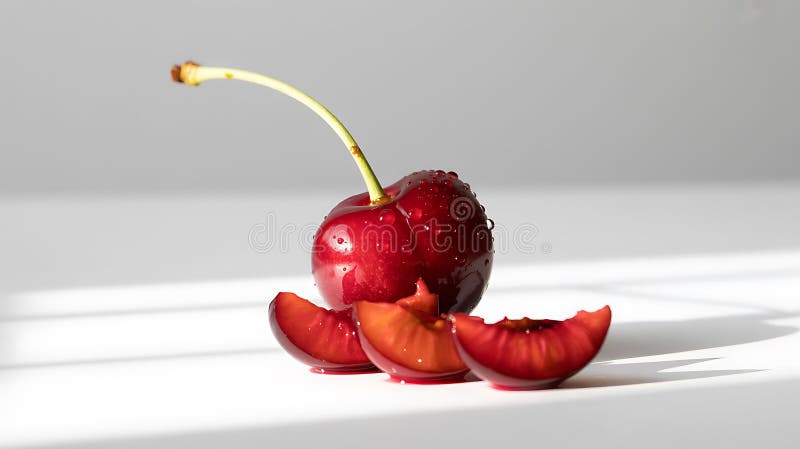 Delicious Ripe Cherry with Water Droplets and Sliced Pieces on White ...