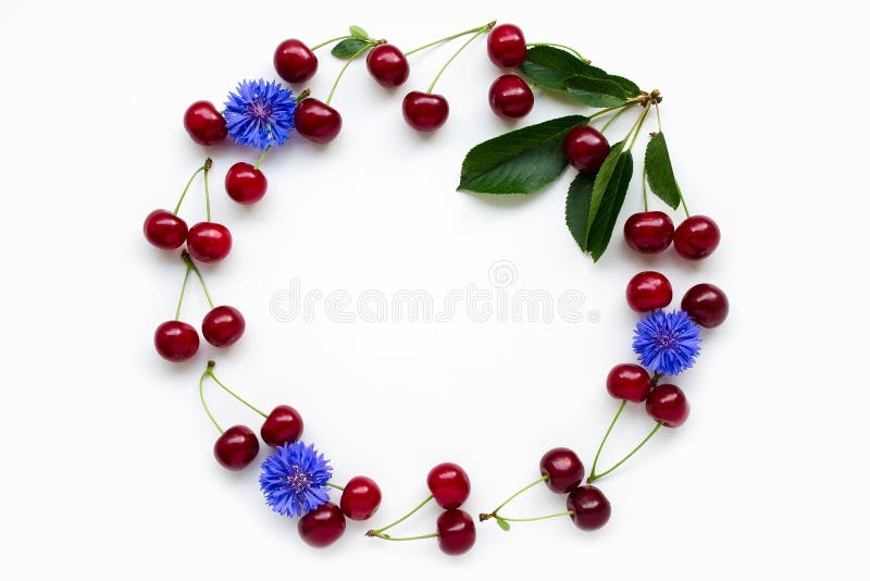 Ripe Cherry Lined in Shape of Frame with Green Leaves, Decorated with ...