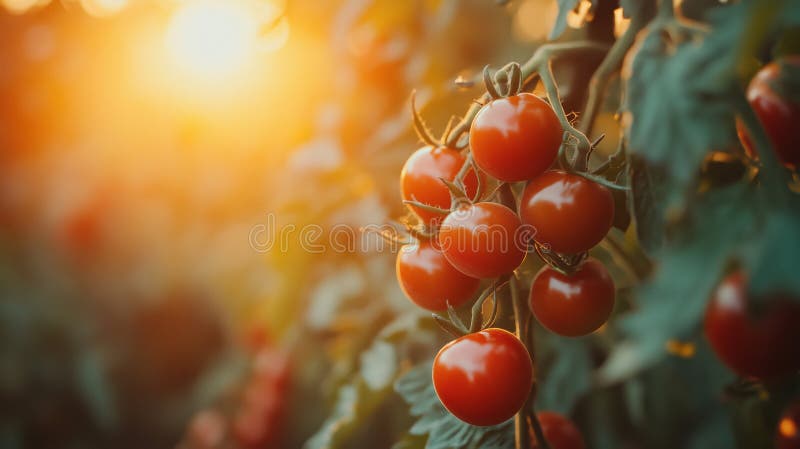 Ripe Cherry Tomatoes Glowing in Sunset Light on Vine in Garden Stock ...