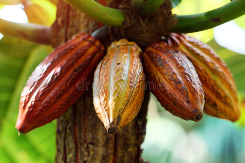 Ripe Cocoa Pod Cluster on Tree with Sunlight Stock Illustration ...