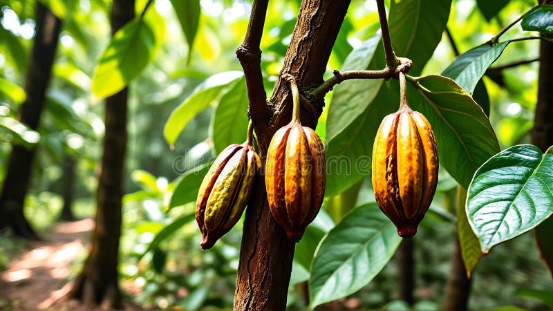 Ripe Cocoa Pods on Tree with Lush Green Leaves in Tropical Forest ...