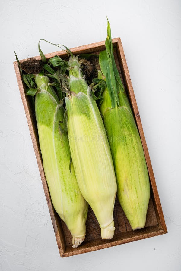 Ripe Corn Cob, on White Stone Table Background, Top View Flat Lay Stock ...