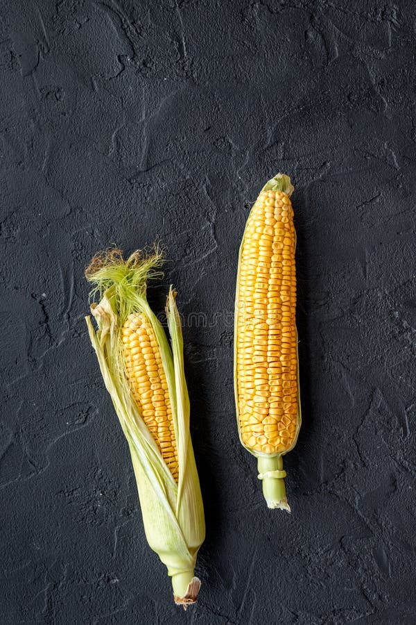 Ripe Corn on Cobs on Black Stone Background Top View Copyspace Stock ...