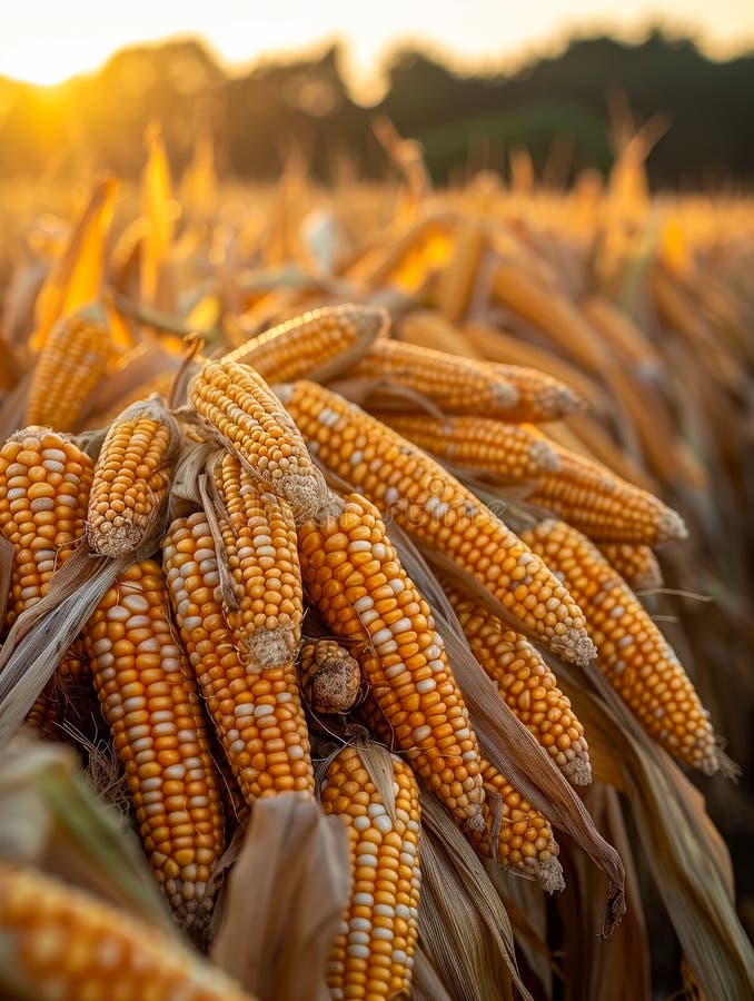 Ripe Corn Cobs on the Field at Sunset. a Pile of Corn Cobs is Dried on ...