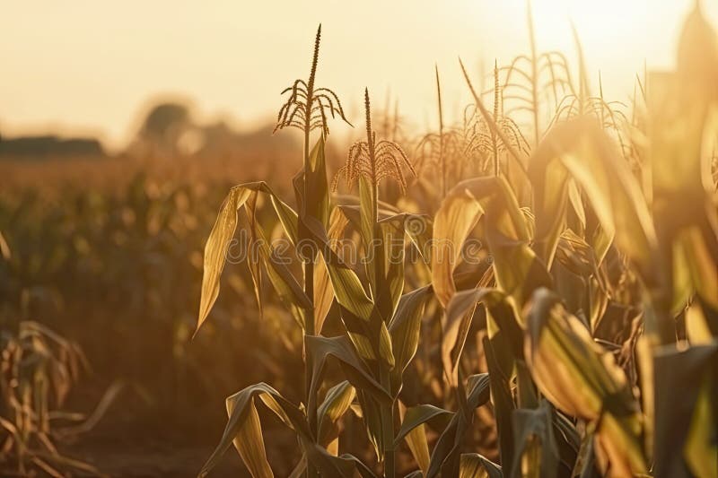 Ripe Corn on the Field in the Rays of the Setting Sun Stock ...