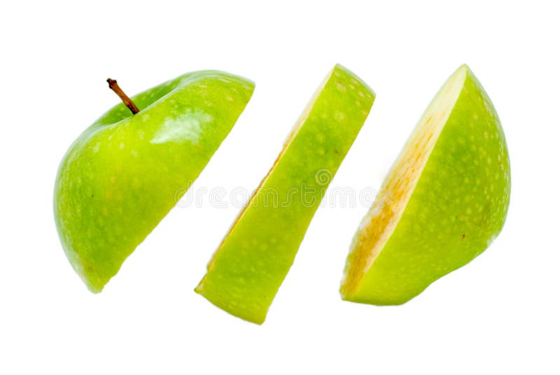 Ripe Delicious Apple Cut in Slices Floating on White Background Stock ...