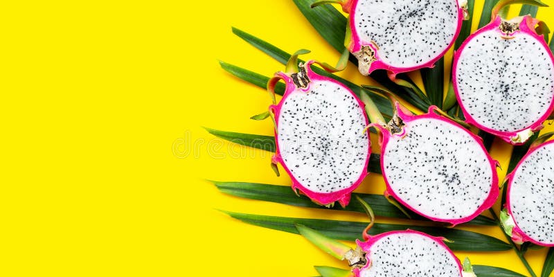 Ripe Dragonfruit or Pitahaya on Tropical Palm Leaves. Stock Photo ...
