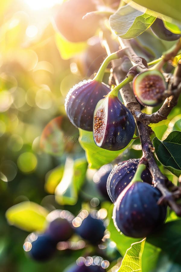 Ripe Figs on Tree with Green Leaves and Morning Dew in Sunlight. Stock ...