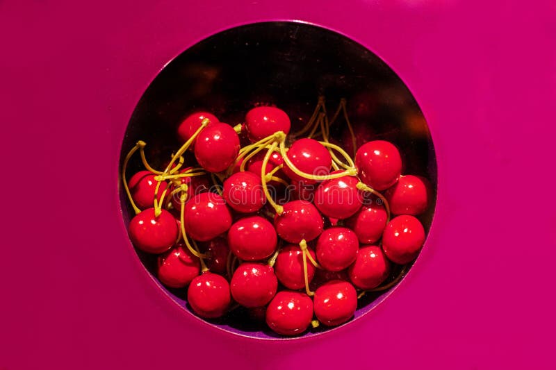 Ripe Fresh Cherries with Stems in a Supermarket Display Stock Photo ...