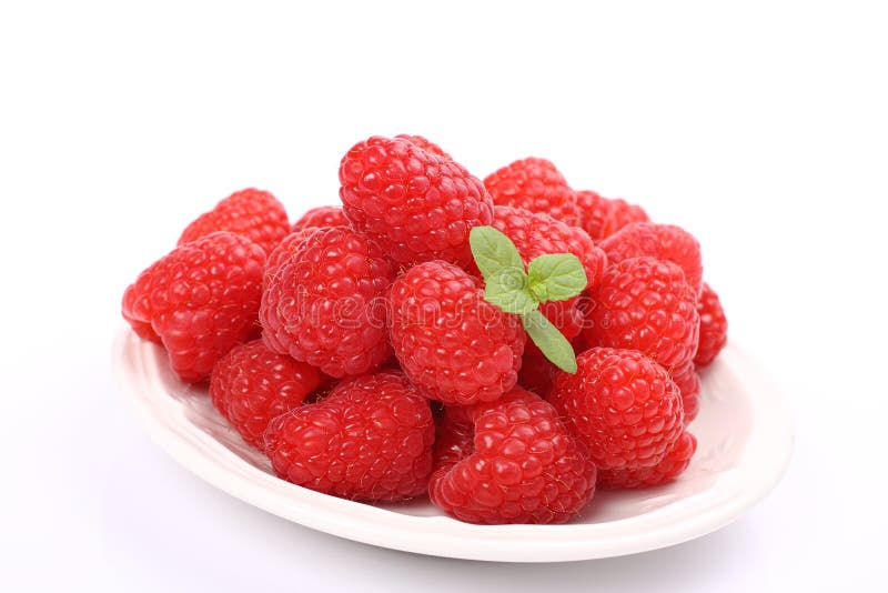 Ripe Fresh Raspberry with Mint on Plate Over White Stock Photo - Image ...