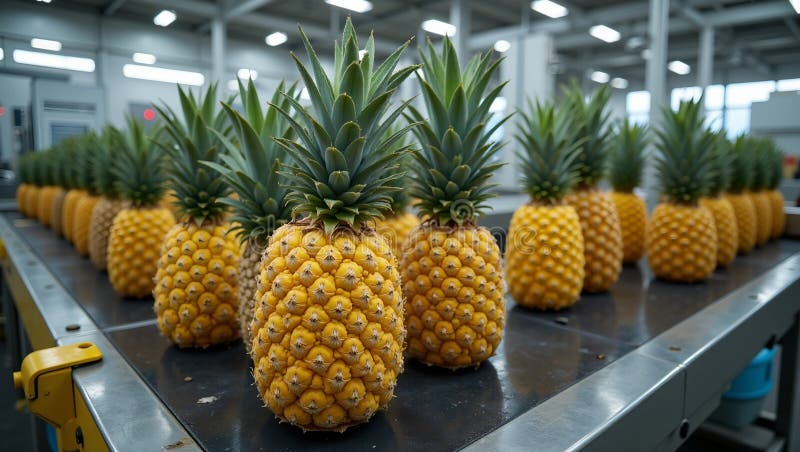 Ripe Golden Pineapples on Conveyor Belt in Processing Plant Stock ...