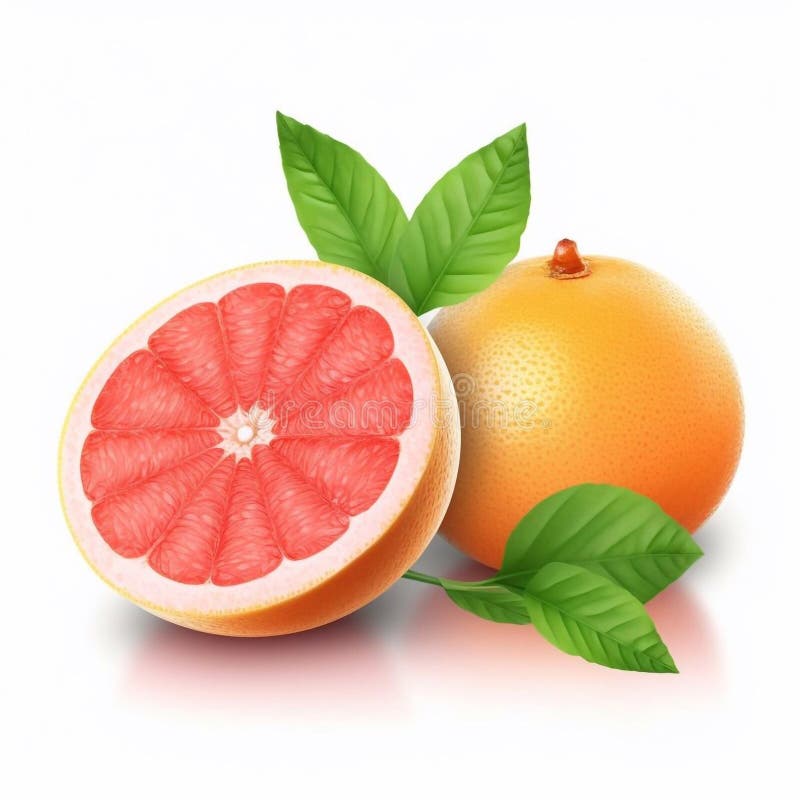 Ripe Grapefruit with Green Leaves Isolated on White Background. AI ...