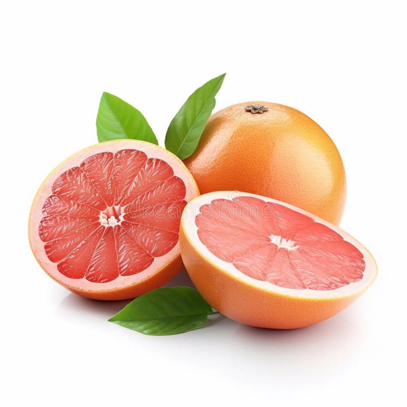 Ripe Grapefruit with Green Leaves Isolated on White Background. AI ...