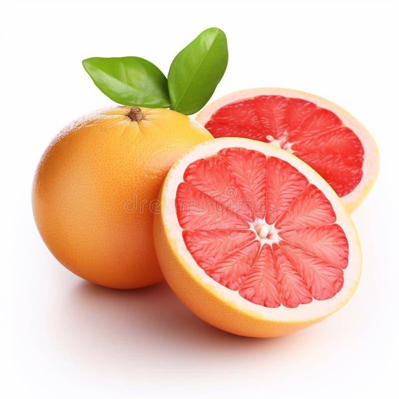 Ripe Grapefruit with Green Leaves Isolated on White Background. AI ...