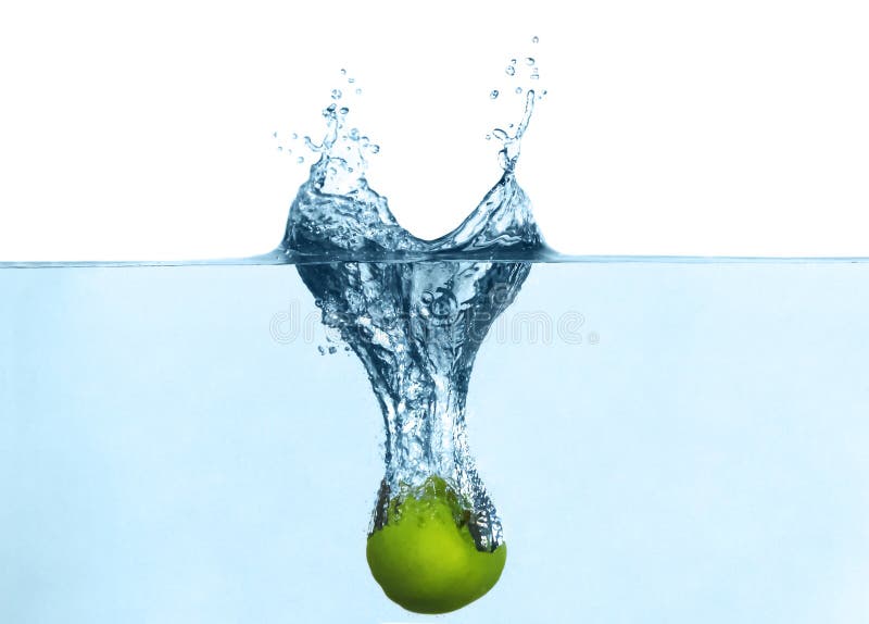 Ripe Green Apple Falling Down into Clear Water with Splashes Against ...