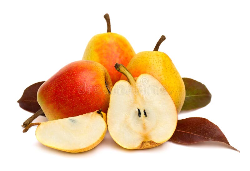 Ripe Red Yellow Juicy Pears with Leaves on White Background Stock Photo ...