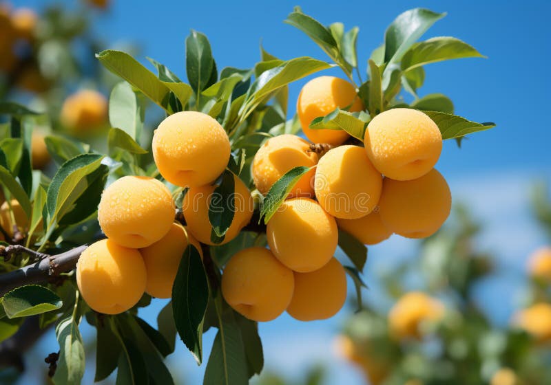 Ripe And Juicy Yellow Plums Hanging On Tree With Blue Sky Healthy Food
