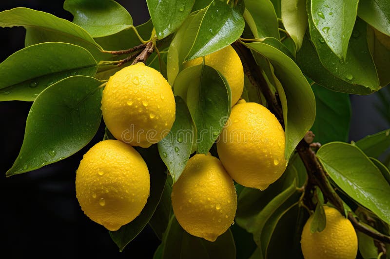 Ripe Lemons on a Branch of Lemon Tree with Water Drops. Lemon Fruit ...