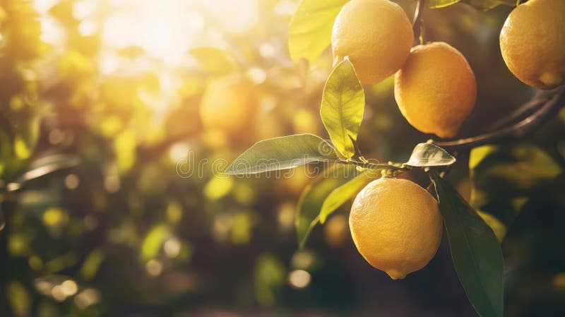 Ripe Lemons on a Tree Branch in a Sunny Garden Offering Space for Copy ...