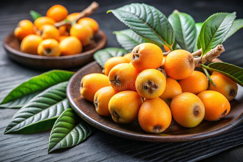 Ripe Loquat Fruit with Leaves on Black Background Stock Illustration ...