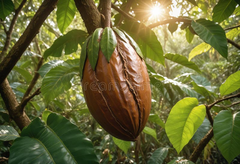 A Ripe, Lush Cocoa Pod Hanging from a Verdant Cocoa Tree Stock ...