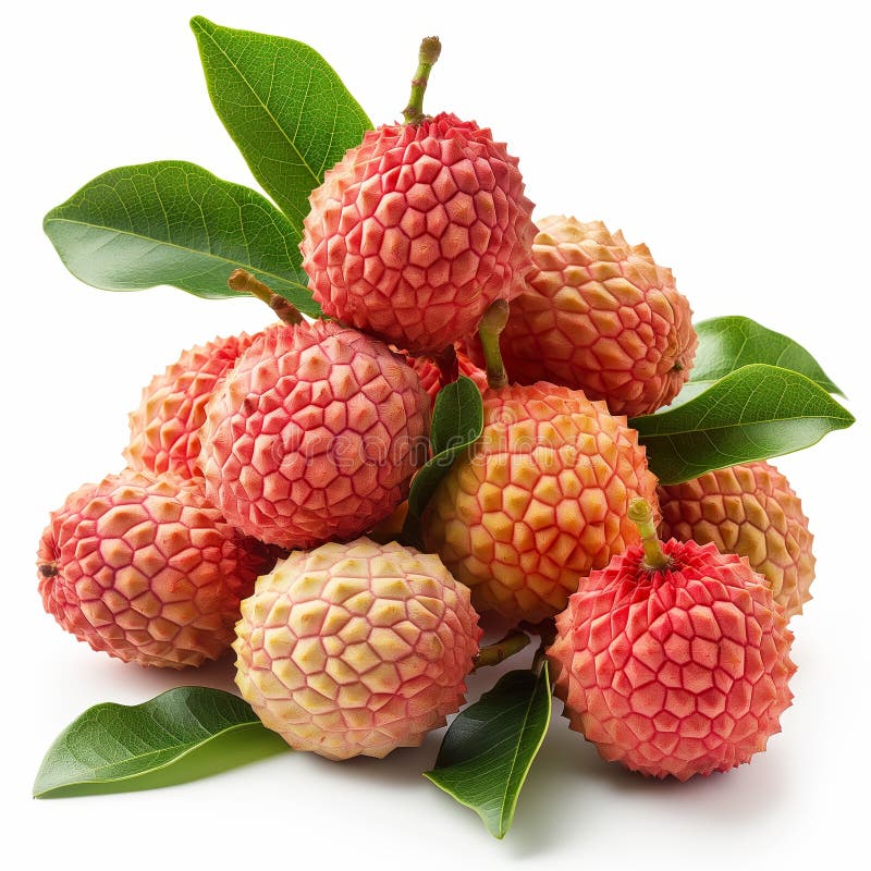 Ripe Lychee Fruits with Leaves and Stems on a Pristine White Background ...