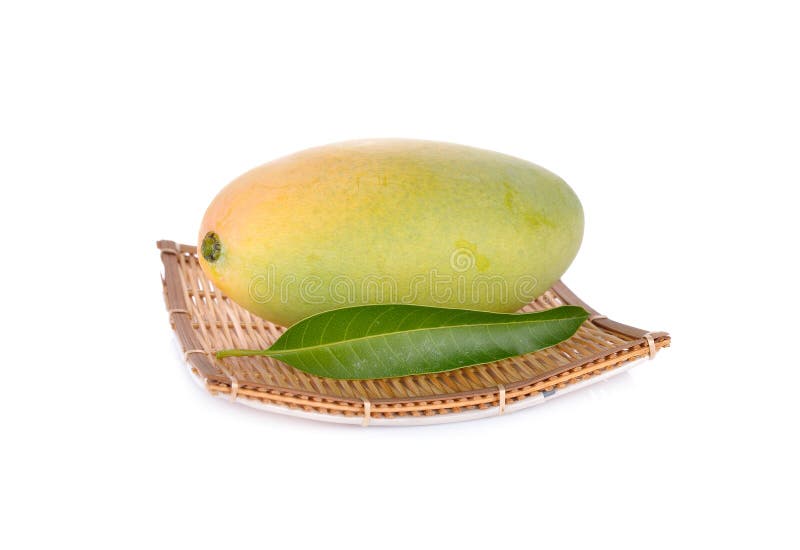 Ripe Mango on Bamboo Plate with Leaf and on White Background Stock ...
