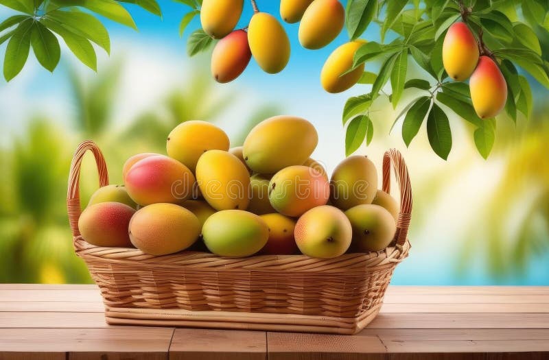 Ripe Mango in Basket on Wooden Table Against Background of Mango Trees ...