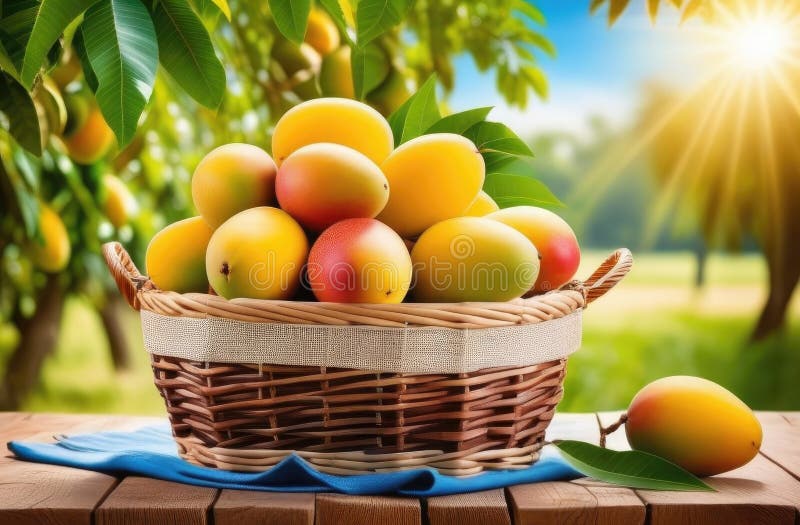 Ripe Mango in Basket on Wooden Table Against Background of Mango Trees ...