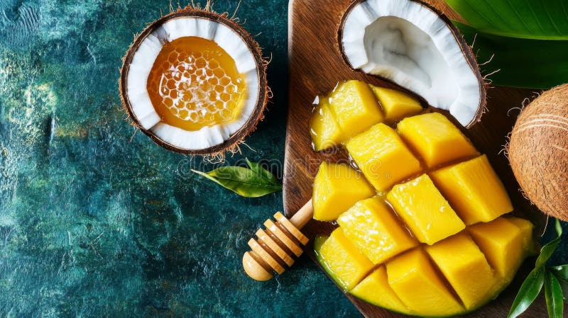 Ripe Mango and Coconut with Honey on Teal Background Stock Illustration ...