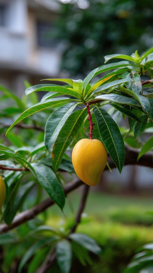 Ripe Yellow Mango Hanging Branch Lush Green Garden Stock Photos - Free ...