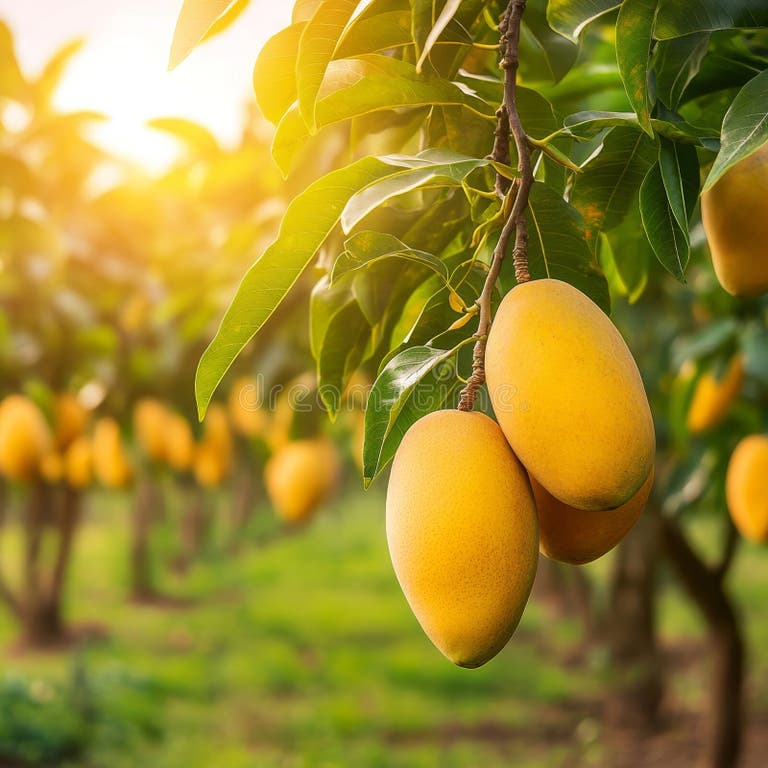 Ripe Mango Fruit on Tree in Orchard with Text Space. Stock Illustration ...